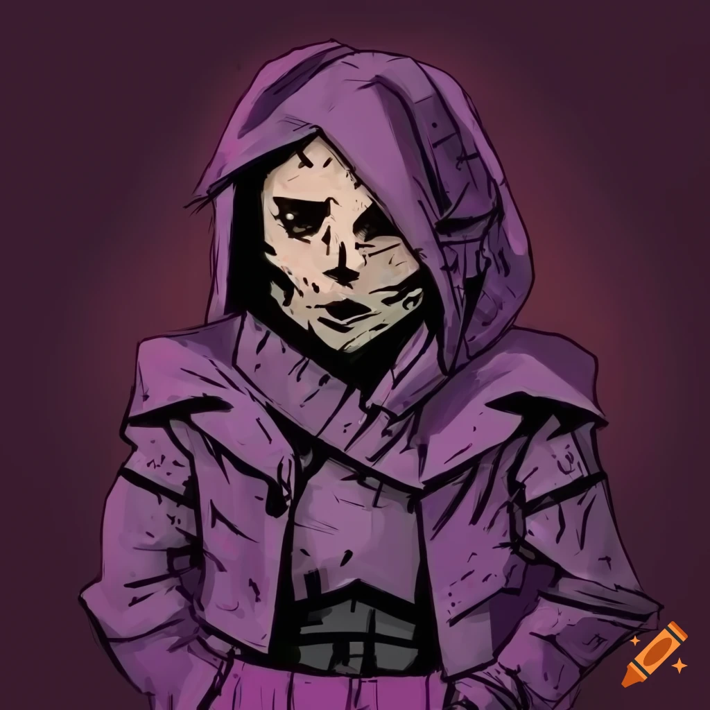 Drawing in style of darkest dungeon portrait with a purple color scheme ...