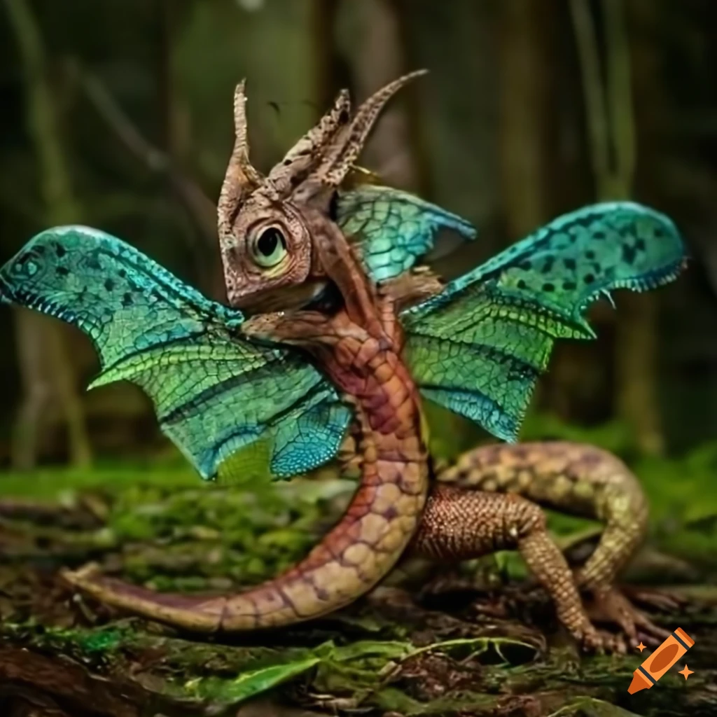 A whimsical forest insect-dragon hybrid creature with a mixture of features of both lizards and ...