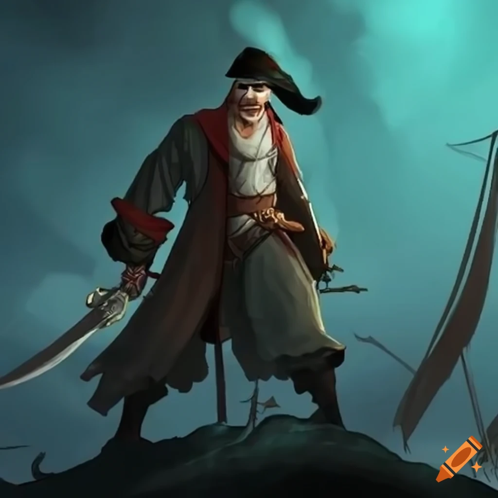 Create an adventurous pirate with a sword in hand in 2d on Craiyon