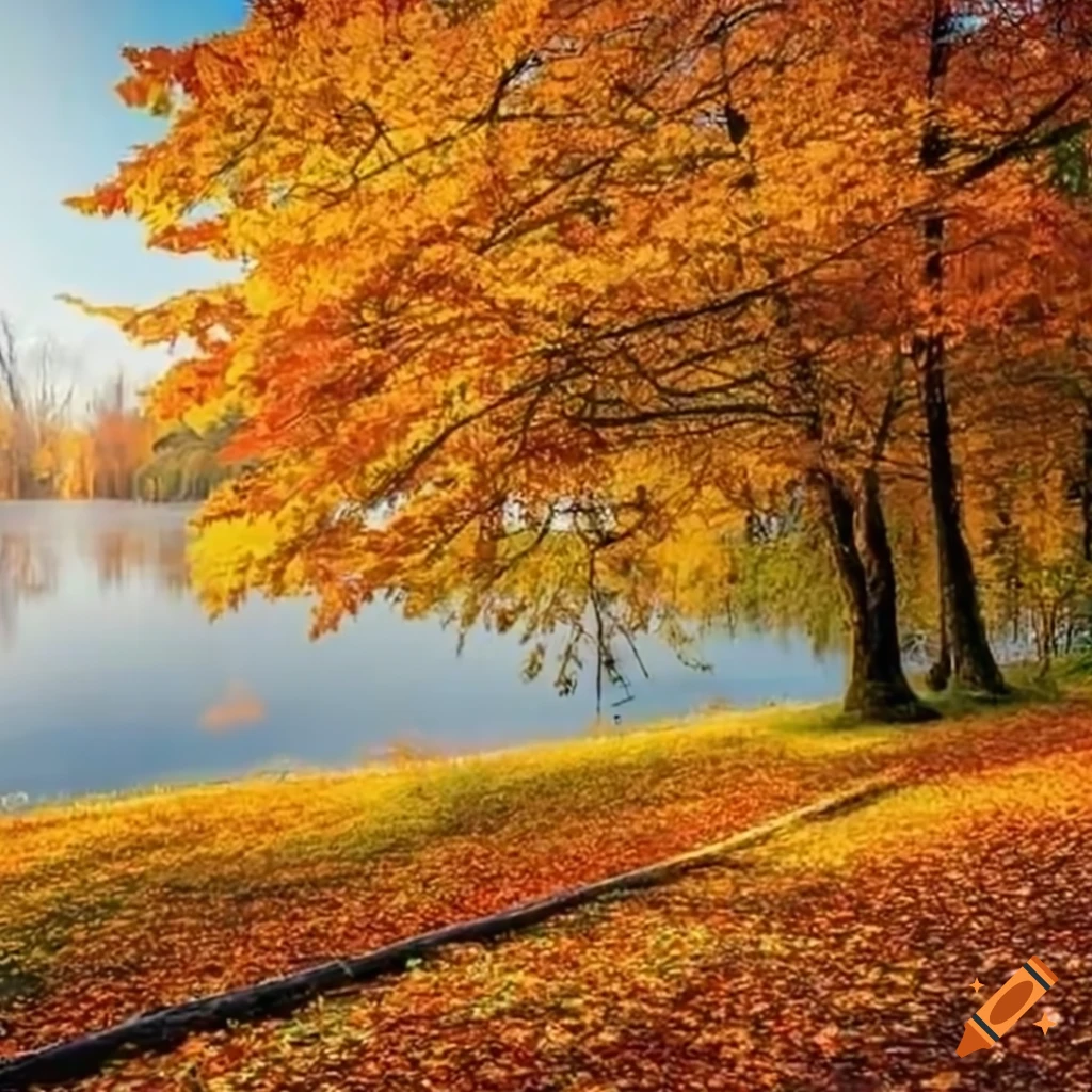 Breathtaking scenery of a autumn park with maple trees and crystal lake ...