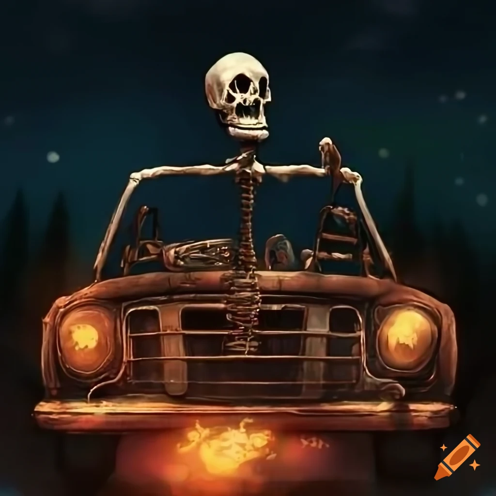 A shabby skeleton driving a car at night seen from the front for an ...