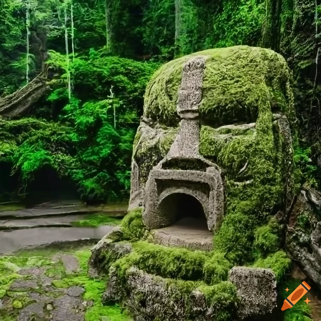 A giant stone sculpture of a bionicle mask covered with moss and vines ...