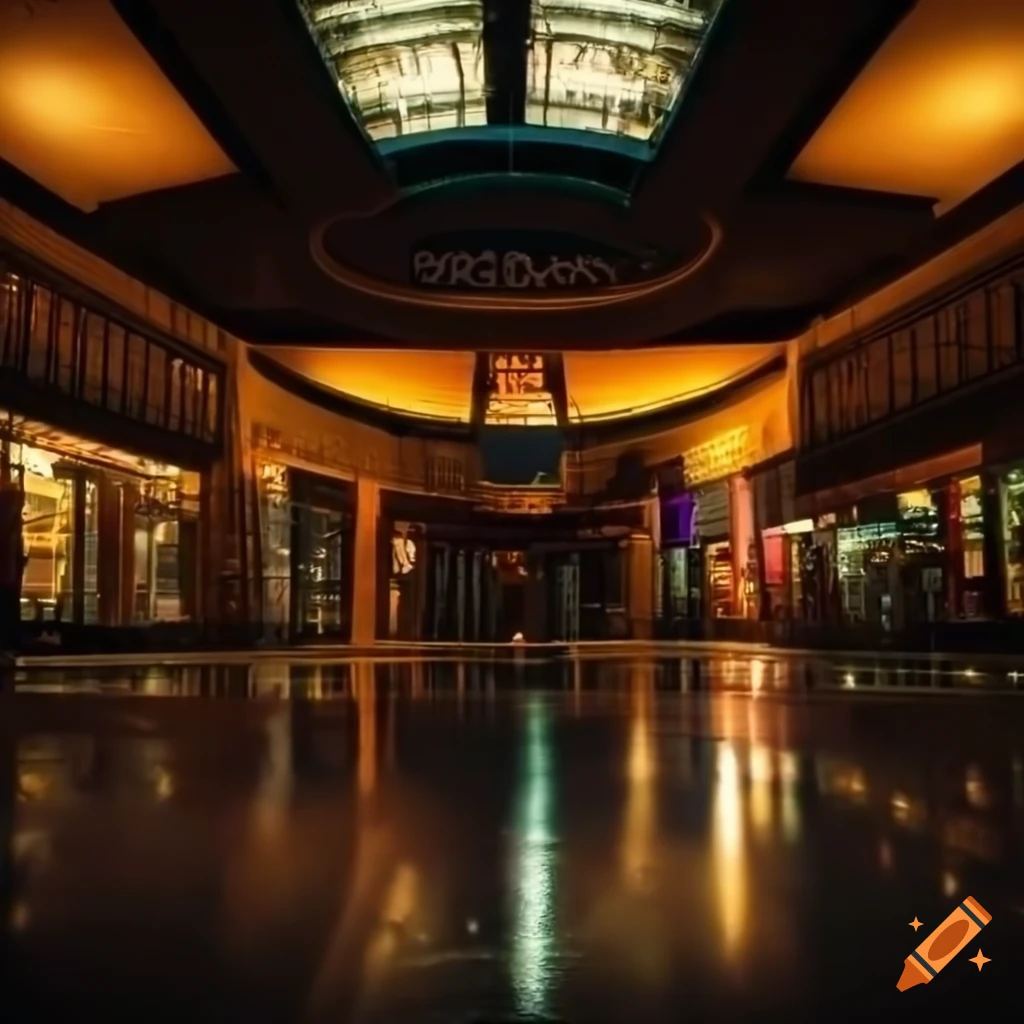 Wide angle lens photo inside a mall at night