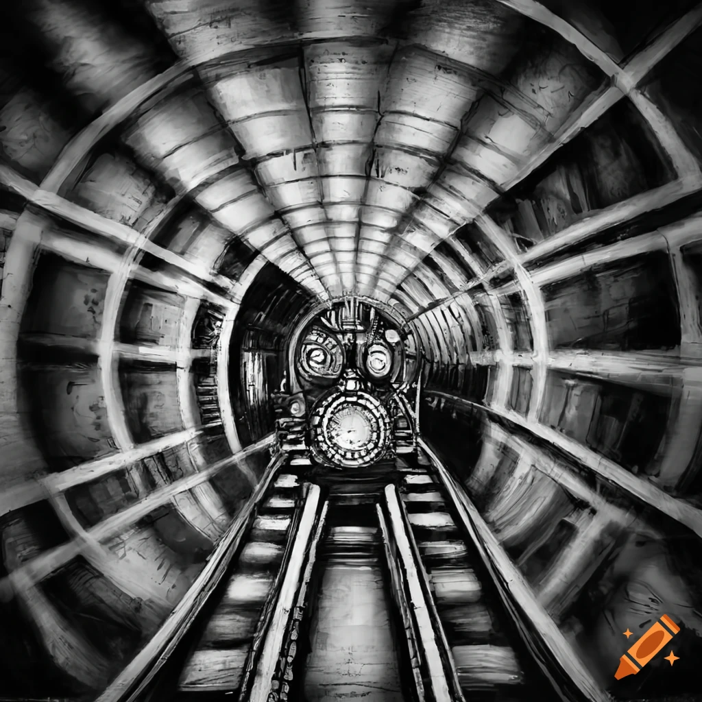 A steampunk train going through a black and white vortex tunnel on Craiyon