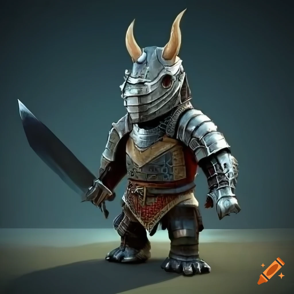 Mini rhino, armor and big blade, medieval, futuristic city on Craiyon