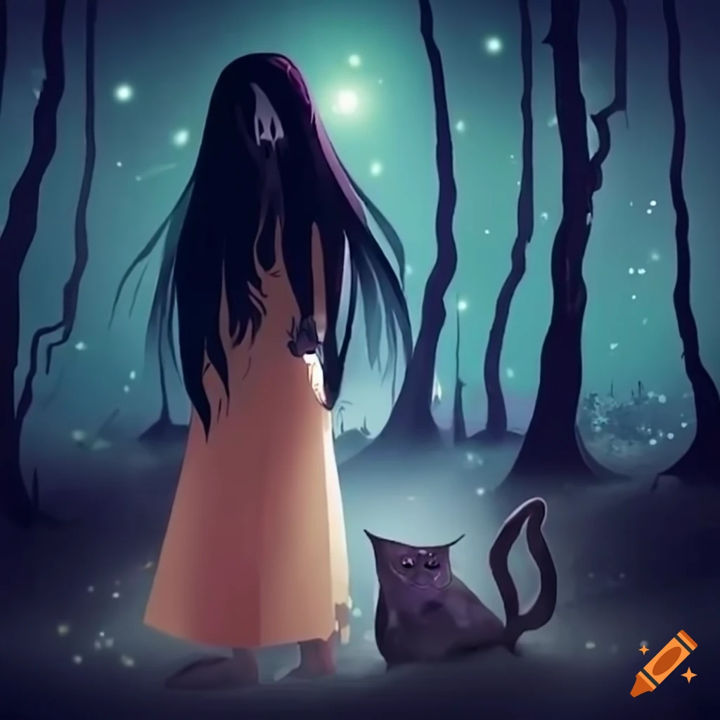 Sadako and cat walking in the night forest on Craiyon