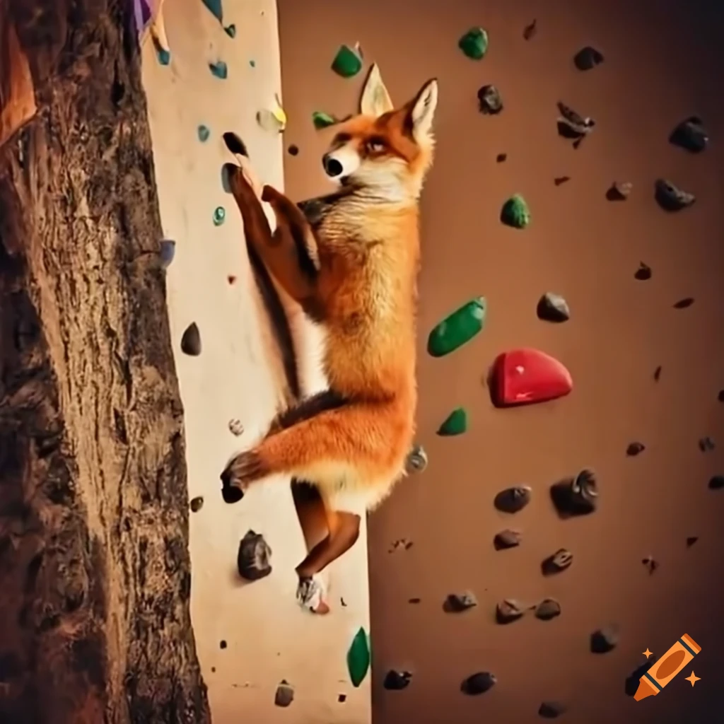 Climbing fox on a bouldering wall