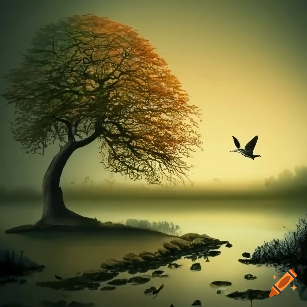 A peaceful landscape with a tree, birds, and raindrops on Craiyon