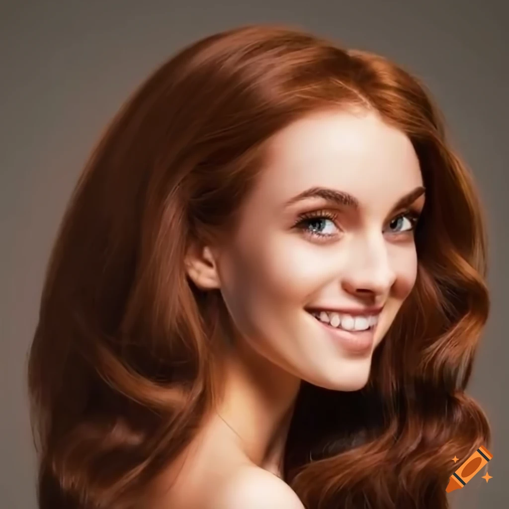 Beautiful young woman cheerful smile shoulder-length chestnut hair