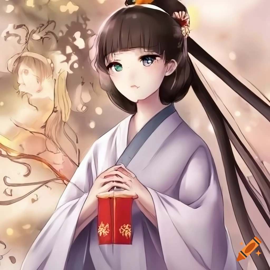 Anime-style artwork of a serene small shinto priestess in traditional ...