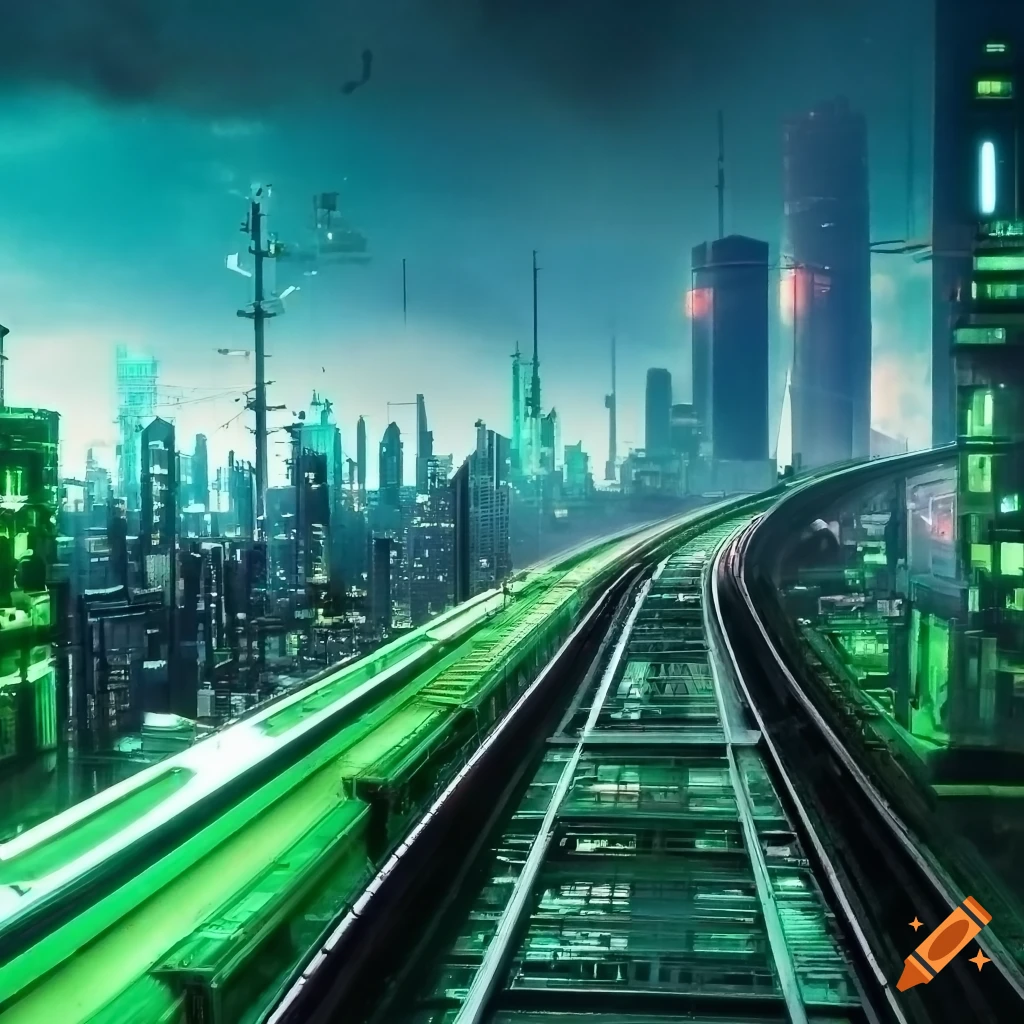 A neon green futuristic metropolis skyline mixed of decopunk and ...