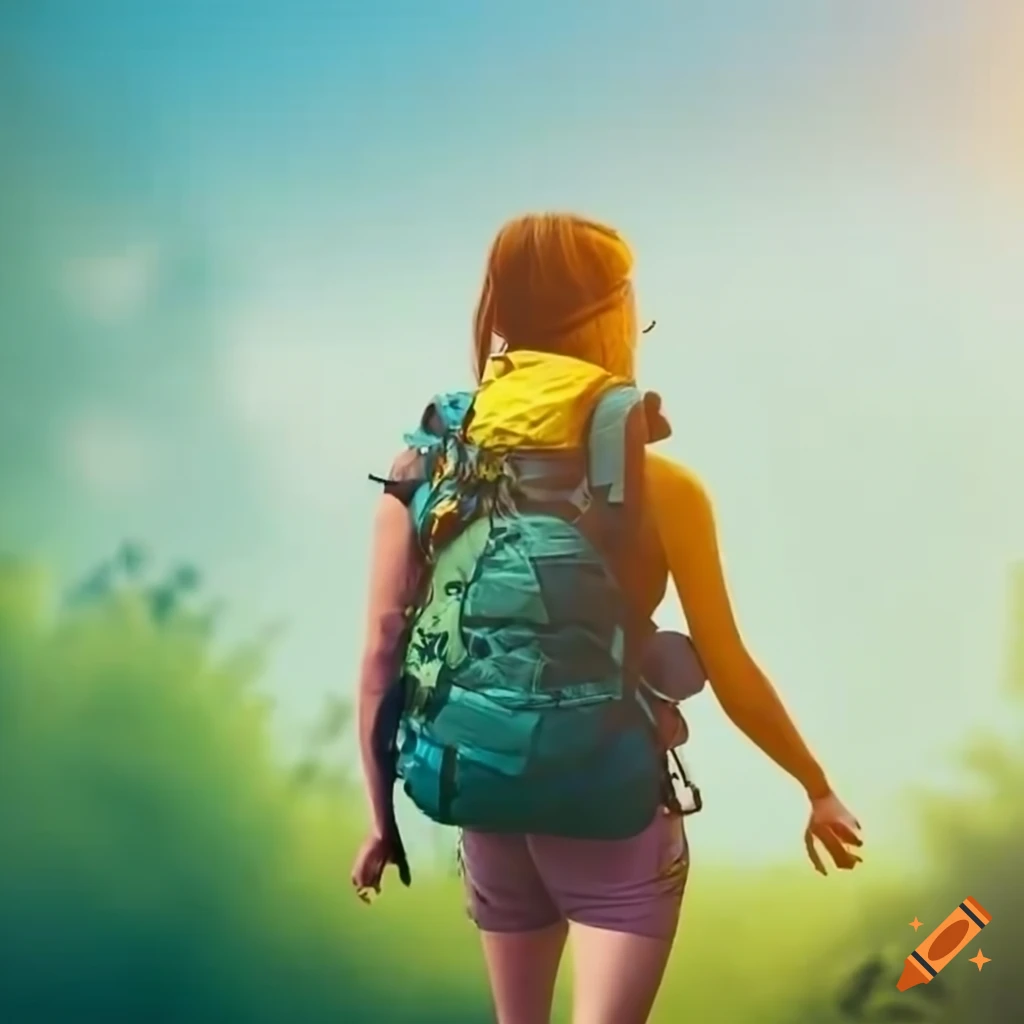A beautiful adventure backpacker running in the wilderness on a bright ...