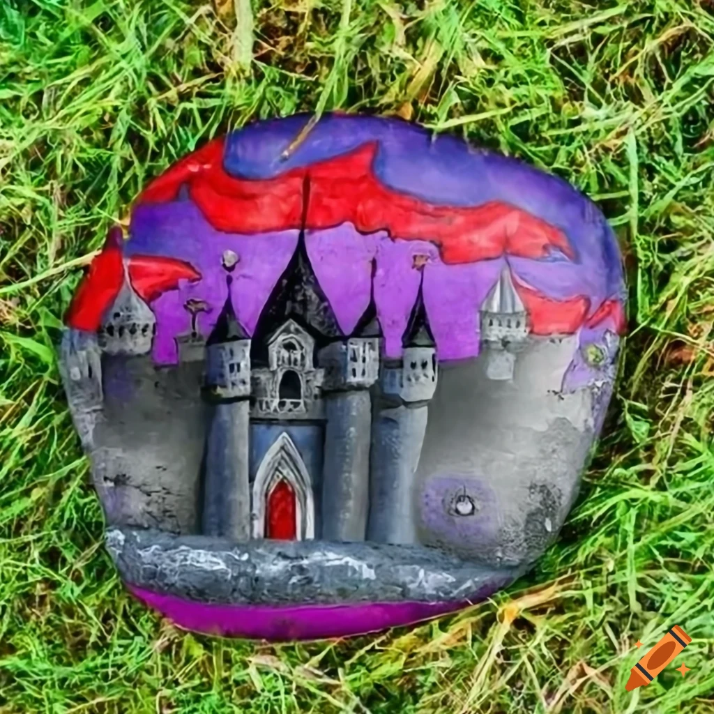 Glossy painted river stone of a painting of a gothic castle in red ...