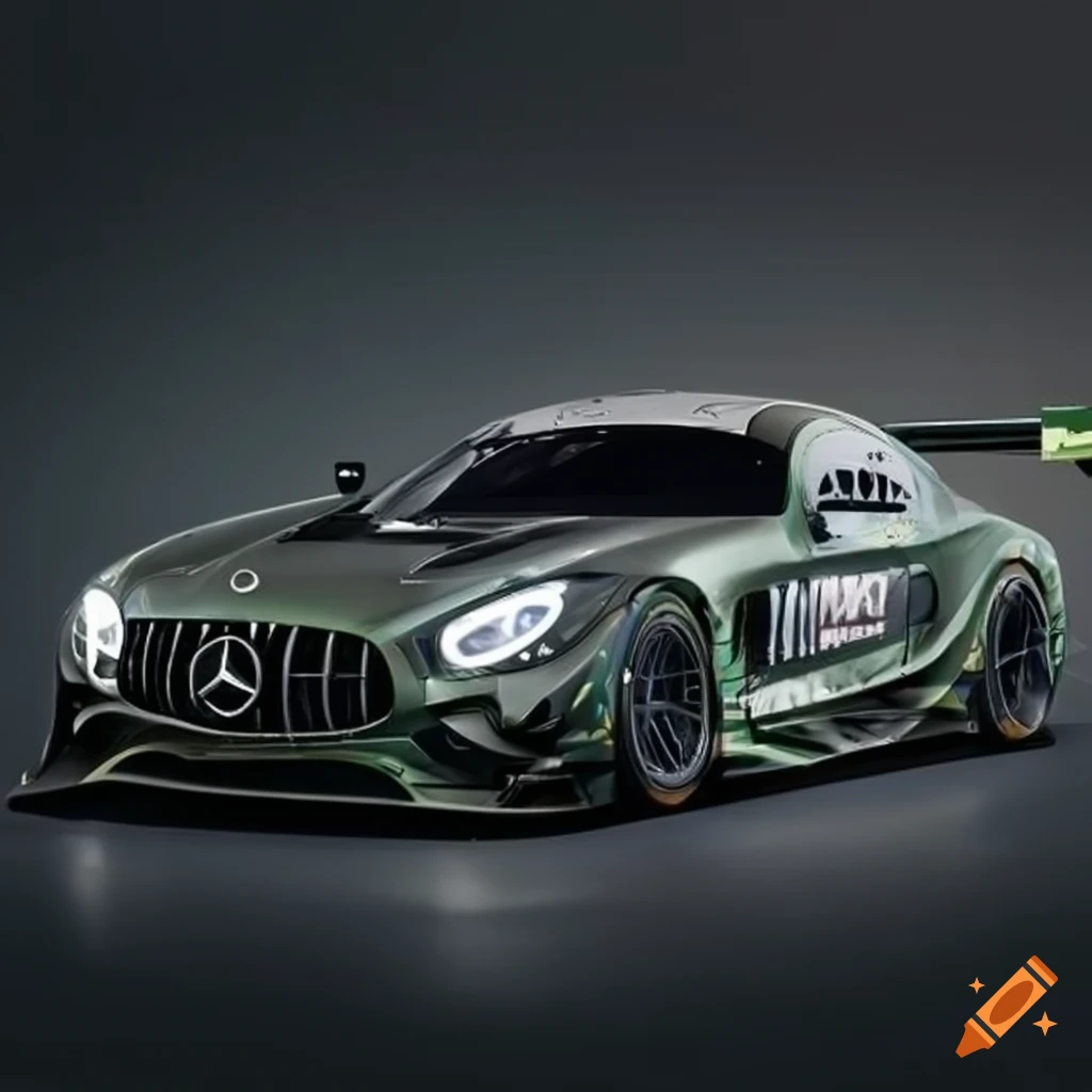Custom livery design for the Mercedes AMG GT3 Evo race car on Craiyon