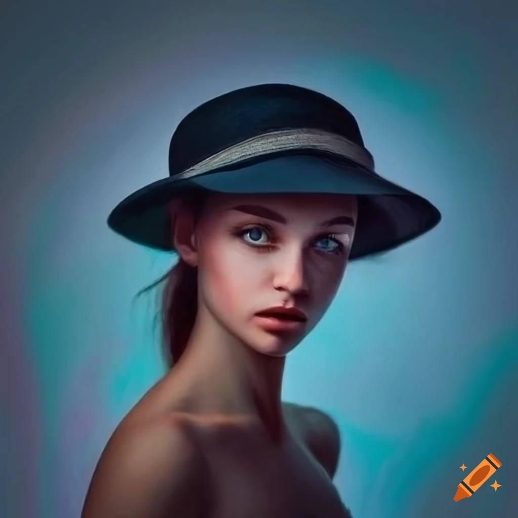 Head of pretty-woman wearing a small-hat color hyper-realistic