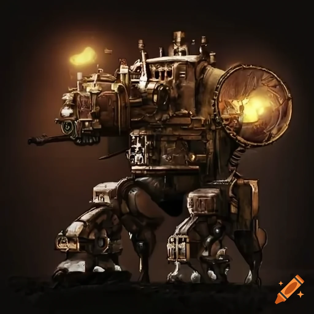 An epic steampunk train-mech blending technology and locomotion on Craiyon
