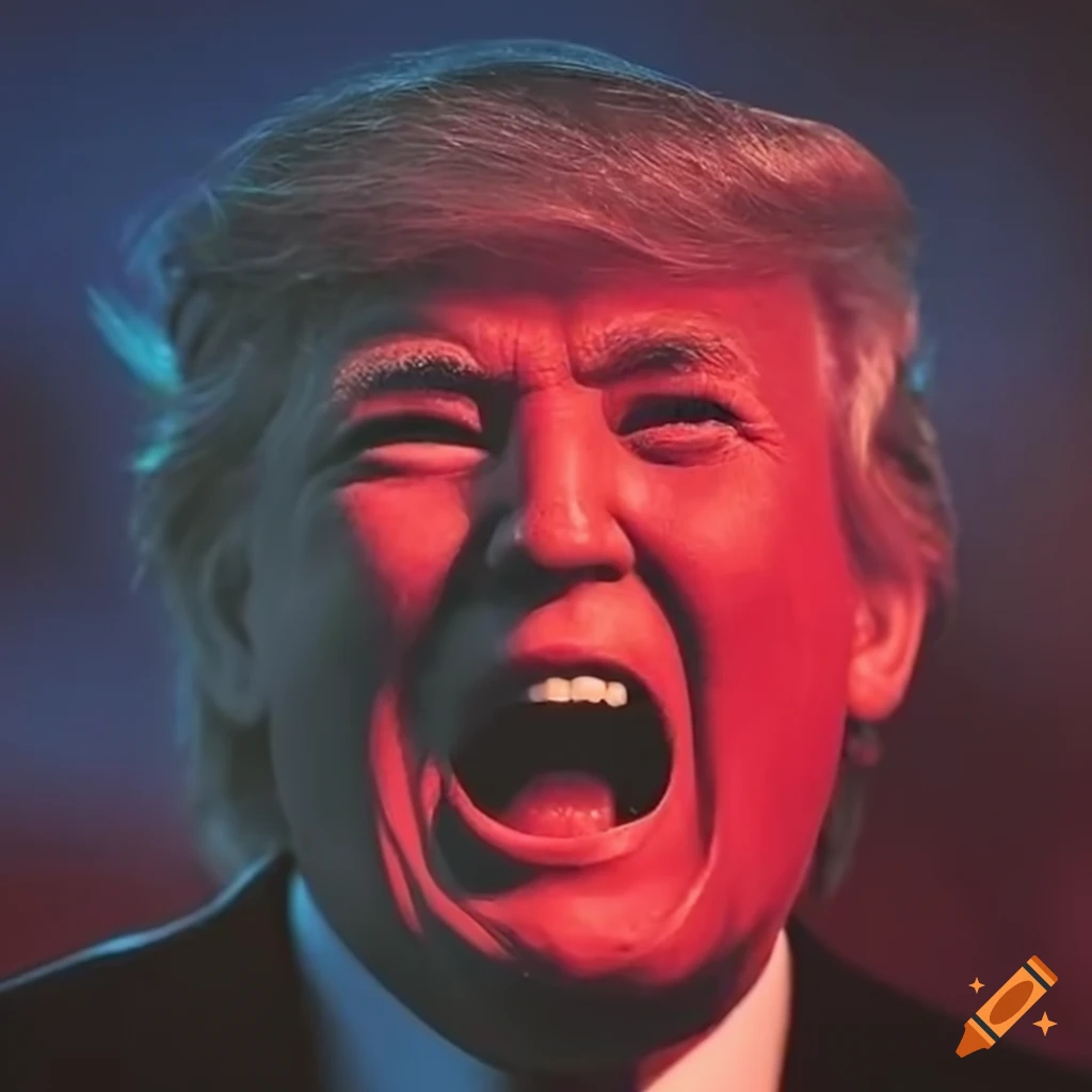 Closeup of donald trump's face screaming, red background, photograph
