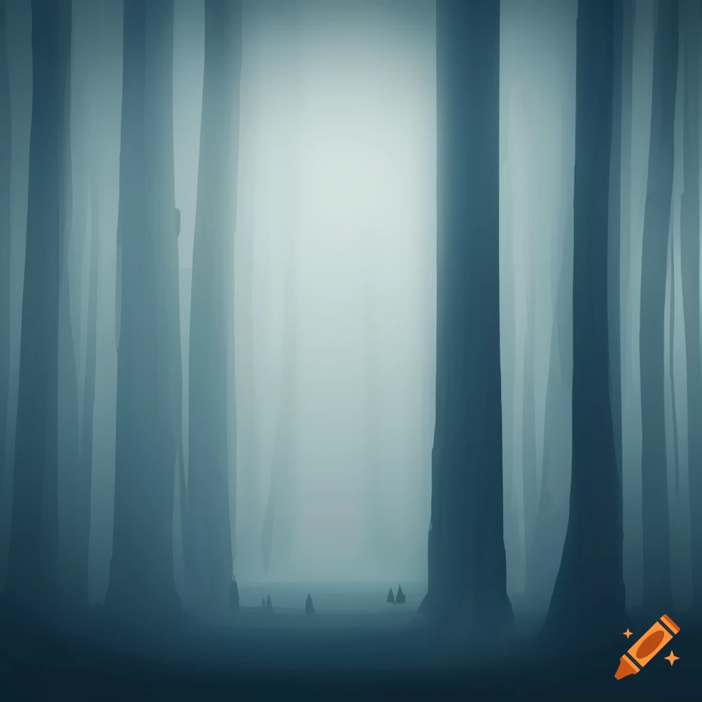 Alien forest area with tall, pale gray trees, gray ground and air, mist ...