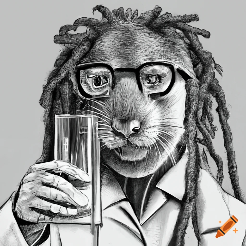 Scientist rat with dreadlocks, wearing a laboratory coat and holding a ...