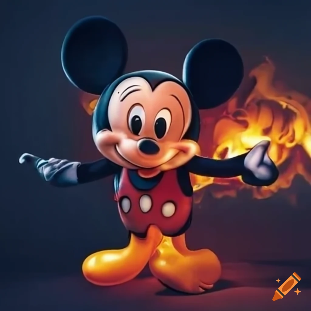 Mickey mouse standing in front of a burn in disney world on Craiyon