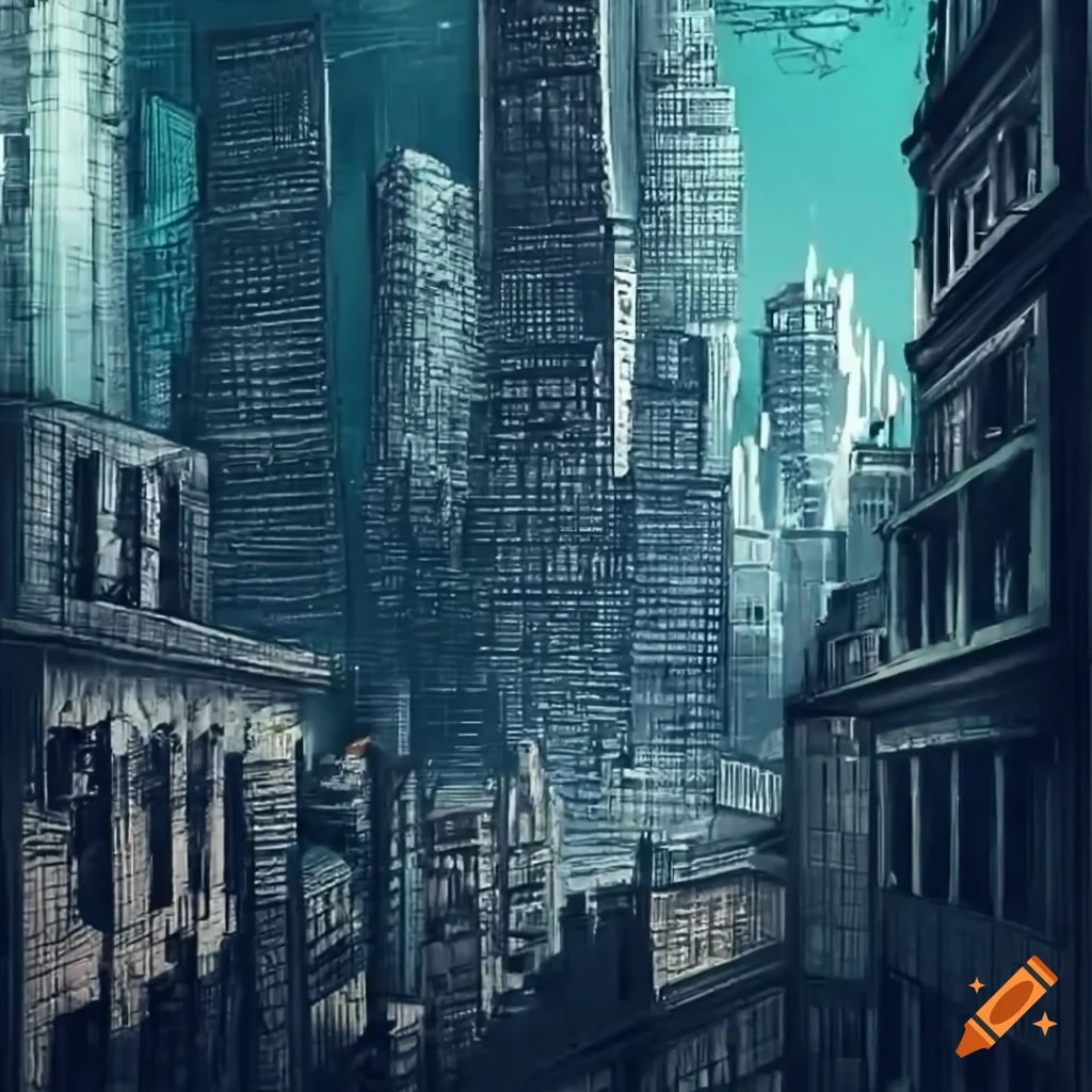 Realistic dystopian city with skyscrapers low perspective on Craiyon