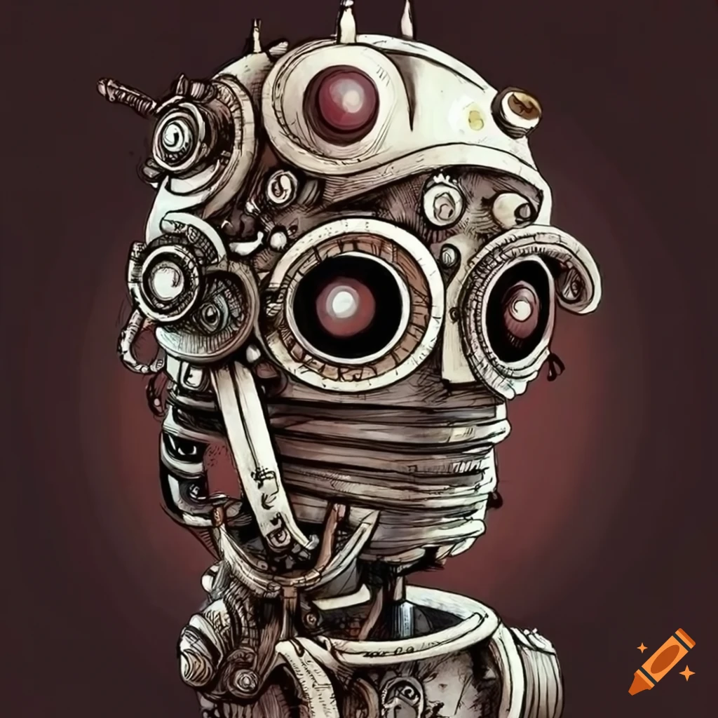 An intricate ink drawing of a steampunk-inspired robot on Craiyon