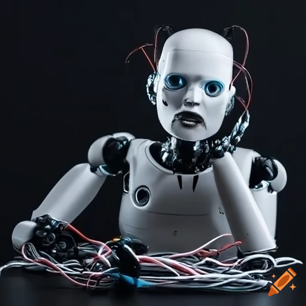 Angry frustrated humanoid robot with wires on Craiyon