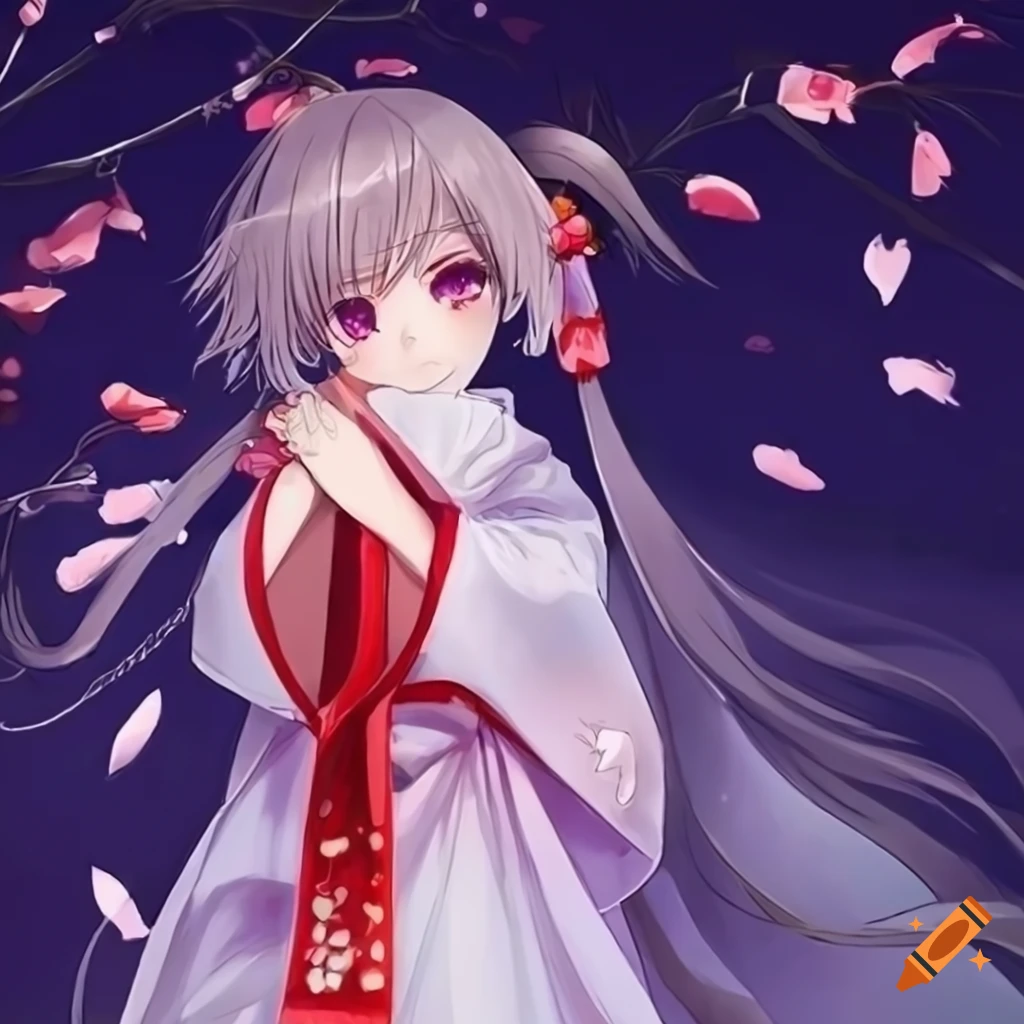 Anime-style artwork of a serene small shinto priestess in traditional ...