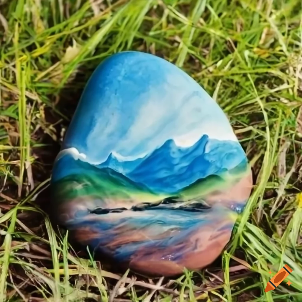 Glossy painted river stone painted bob ross scenery. the rock is lying ...