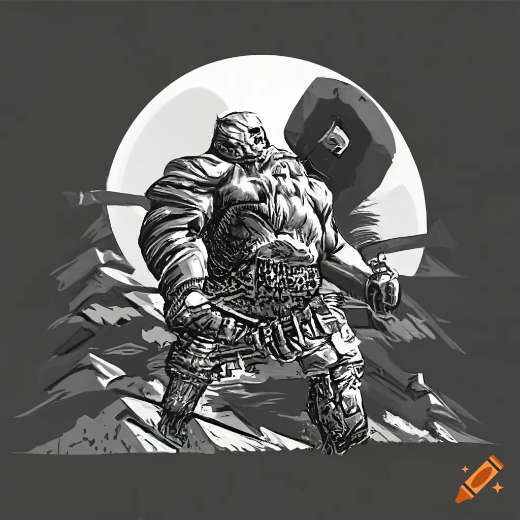 Mighty warrior wielding a massive axe on a mountain peak