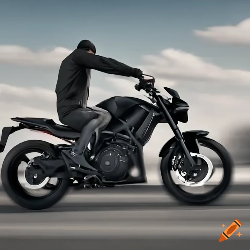 A rider on a sleek black motorcycle speeding down the road