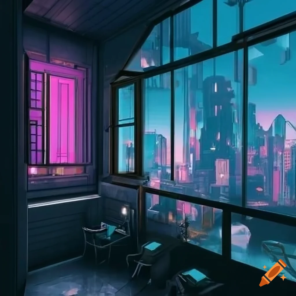 Cyberpunk environment, open balcony with modern and classic touches ...
