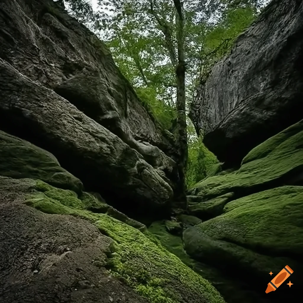 Real life, liminal eroded granite cliffs with small trees growing out ...