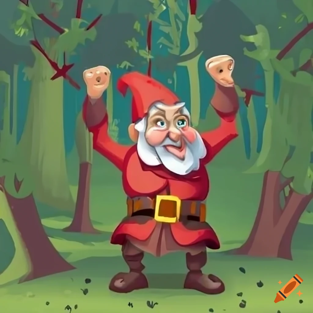 Cartoon image of dwarves celebrating and rejoicing in the forest on Craiyon