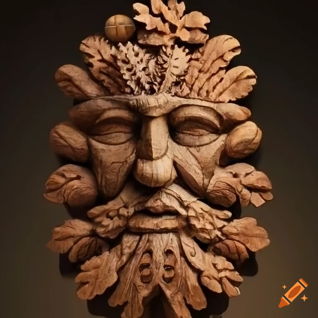 Green man, oak leaves and acorns motif, carved from oak