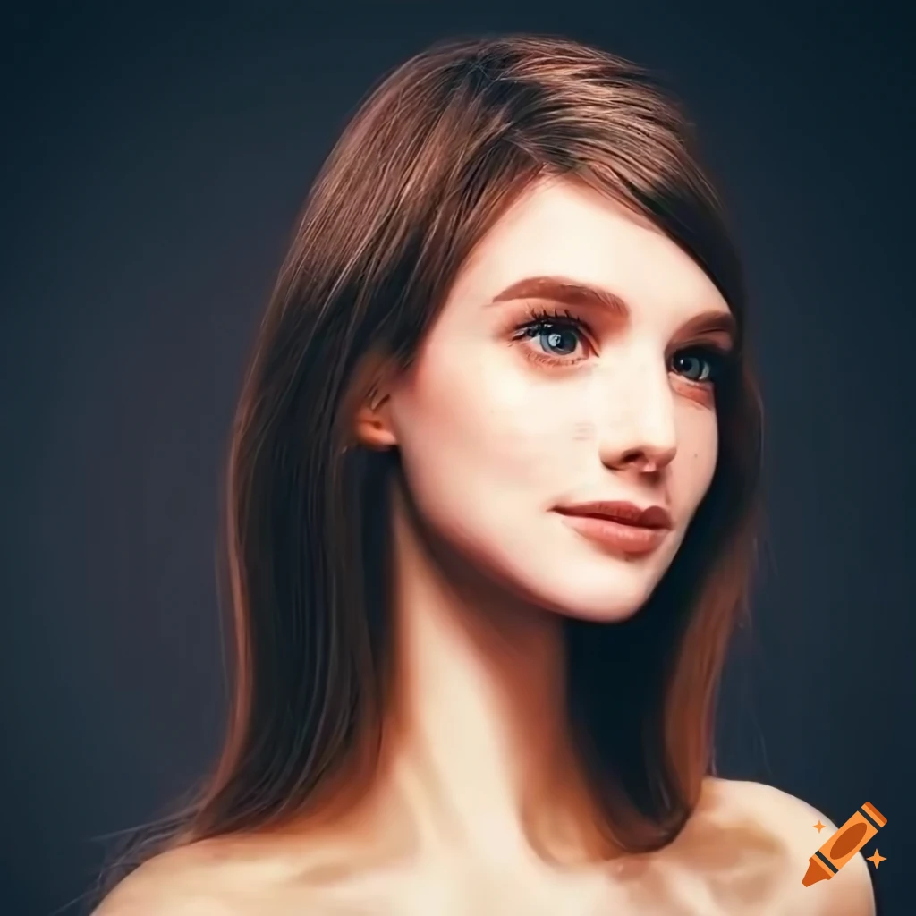 Beautiful young woman shoulder-length hair shy smile delicate freckles