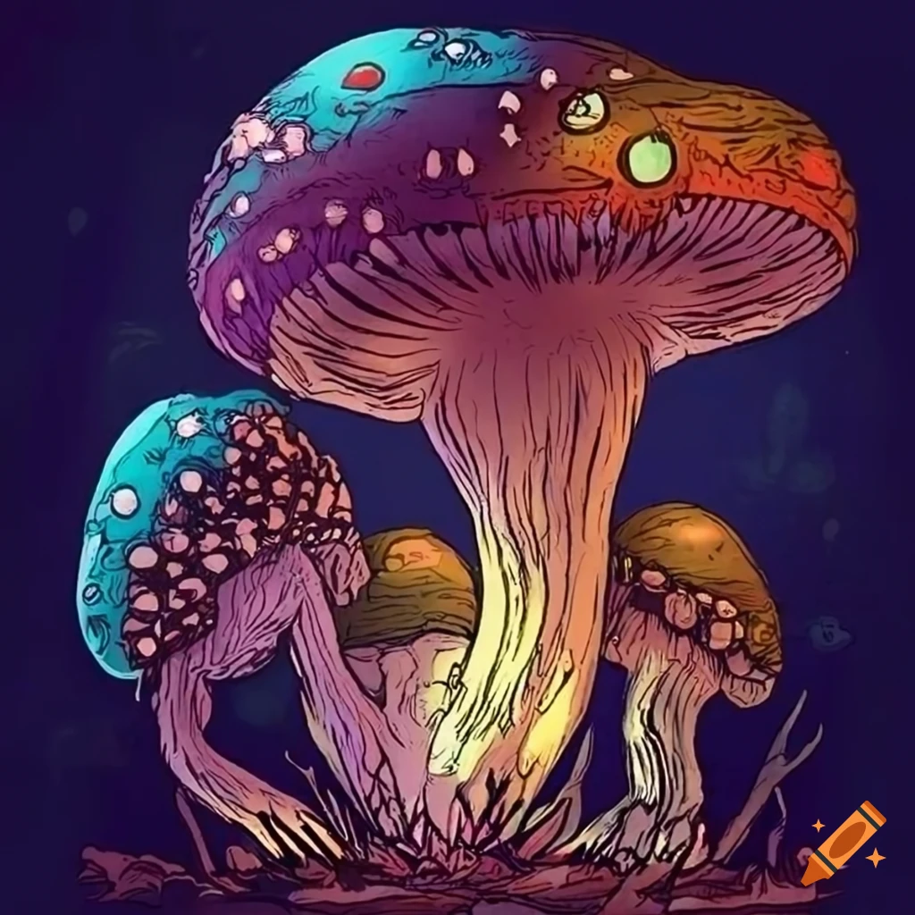 Comic book panels with unique fungal-themed illustrations