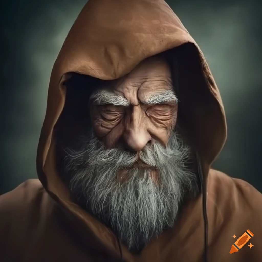 Hooded medieval old man in long brown cape walking in mystical, dark ...