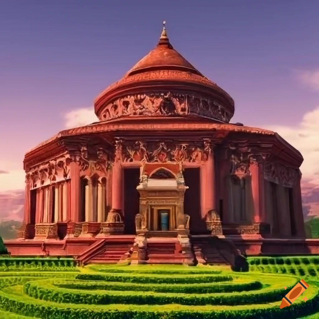 Exterior view of an elaborate fantasy temple with three buildings made ...