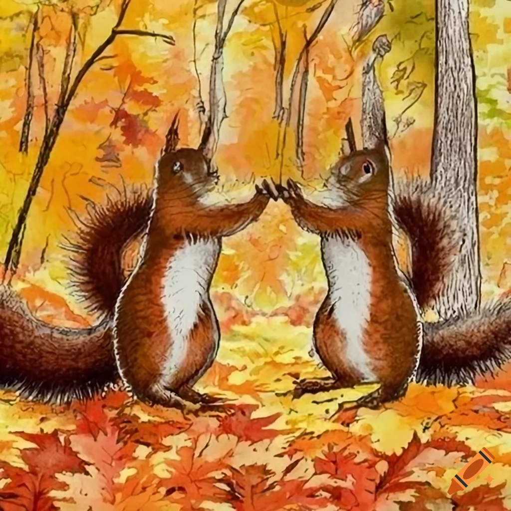 2 squirrels in autumn forest, color ink print