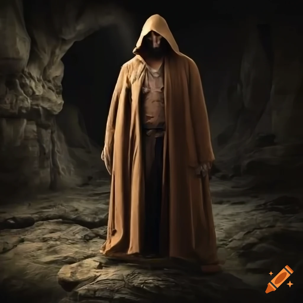 Hooded medieval old man in long brown cape standing on the rock in dark ...