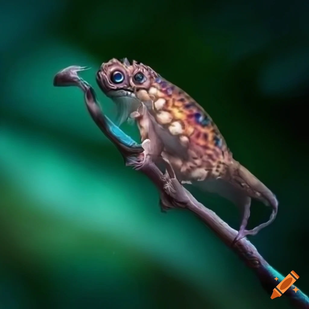 Generate an image of a tiny, undiscovered creature. It has iridescent ...