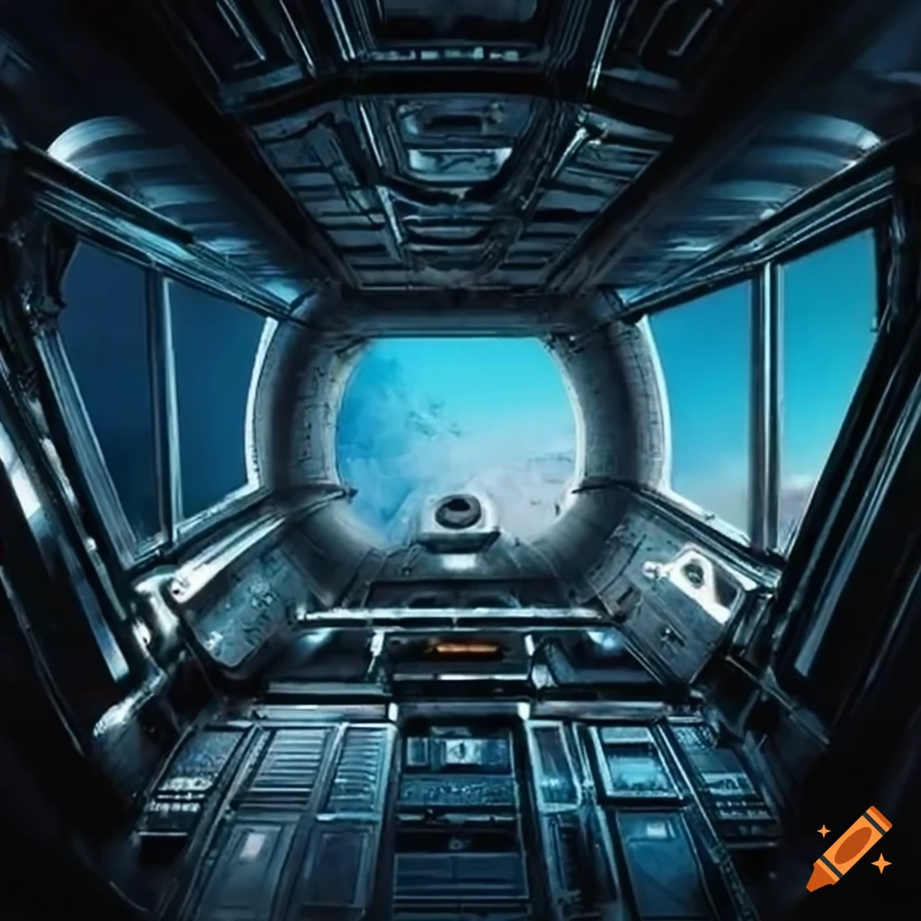 Inside metal spaceship with window into space