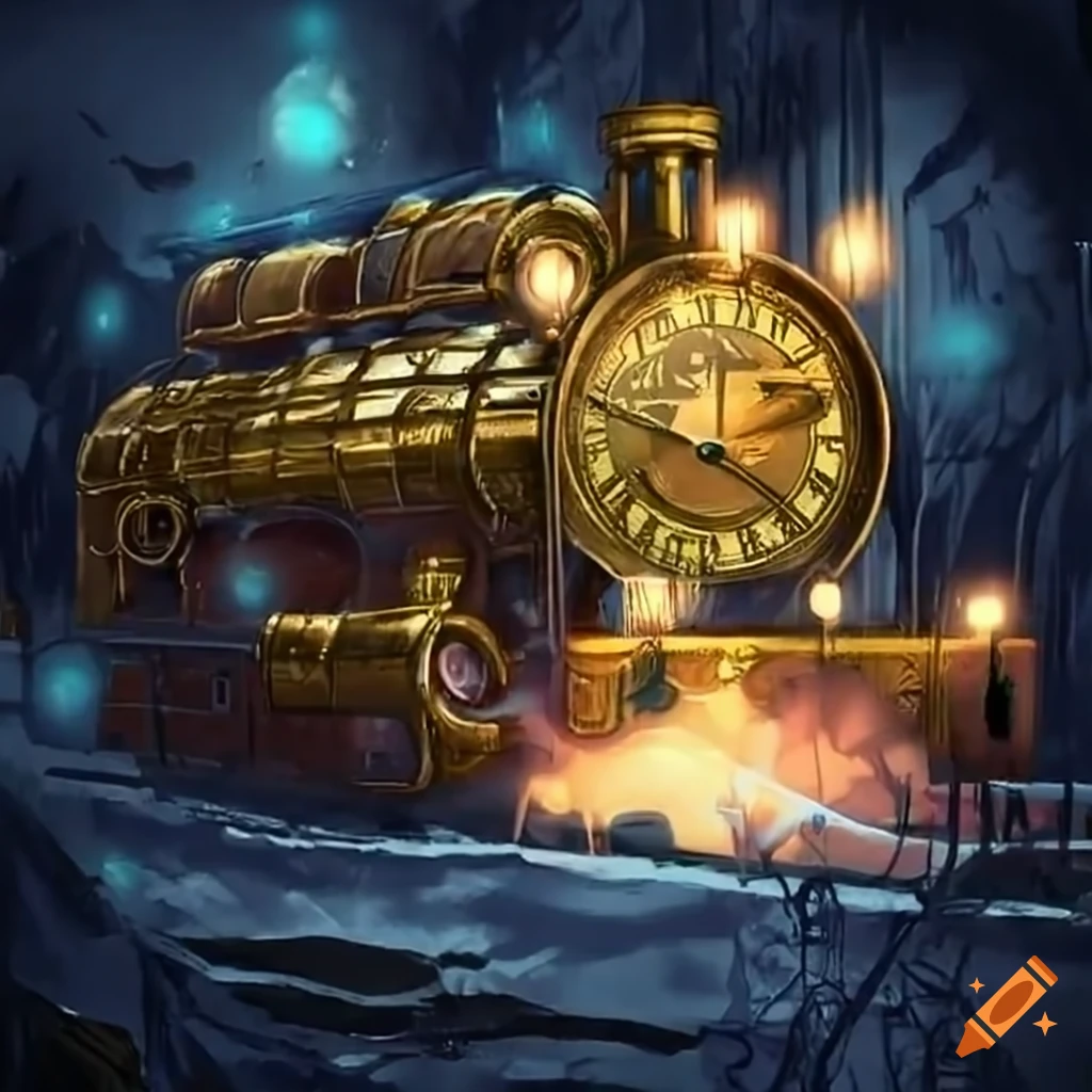 Giant golden steam engine with a clock face in a blizzard on Craiyon