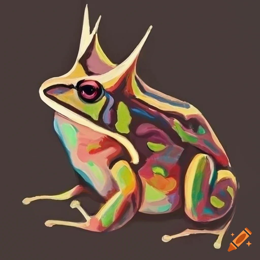 Fauvist style menacing horned frog in profile, dramatic scene