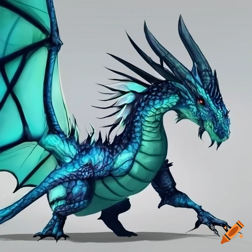 Dragon concept design, full body blue and cyan coloured, side view