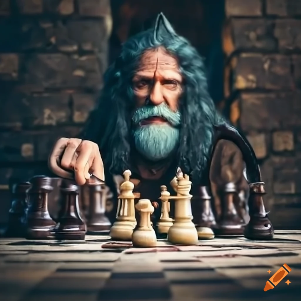 Wizard playing chess in castle keep