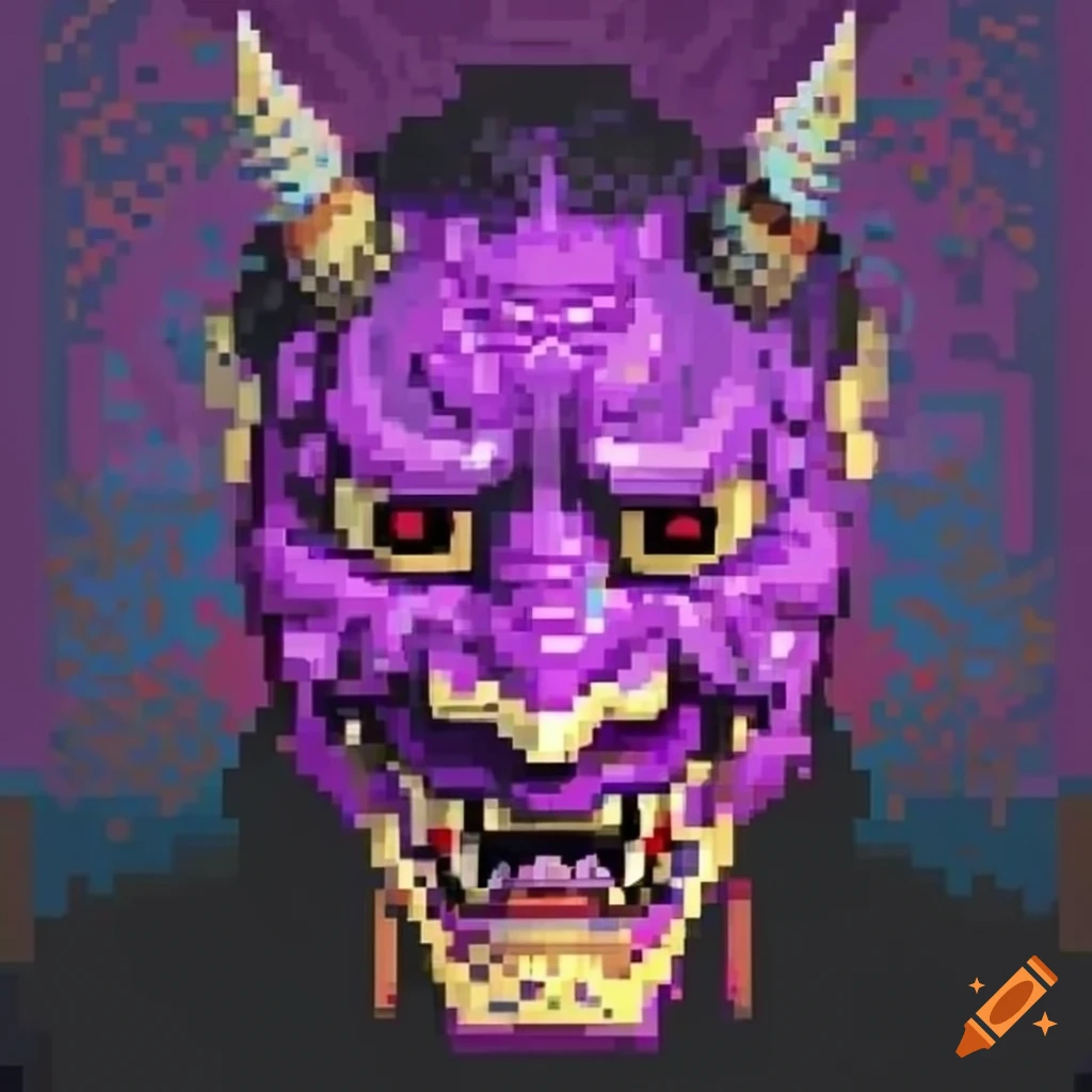 A captivating purple Oni mask portret with pixel artistic details on ...
