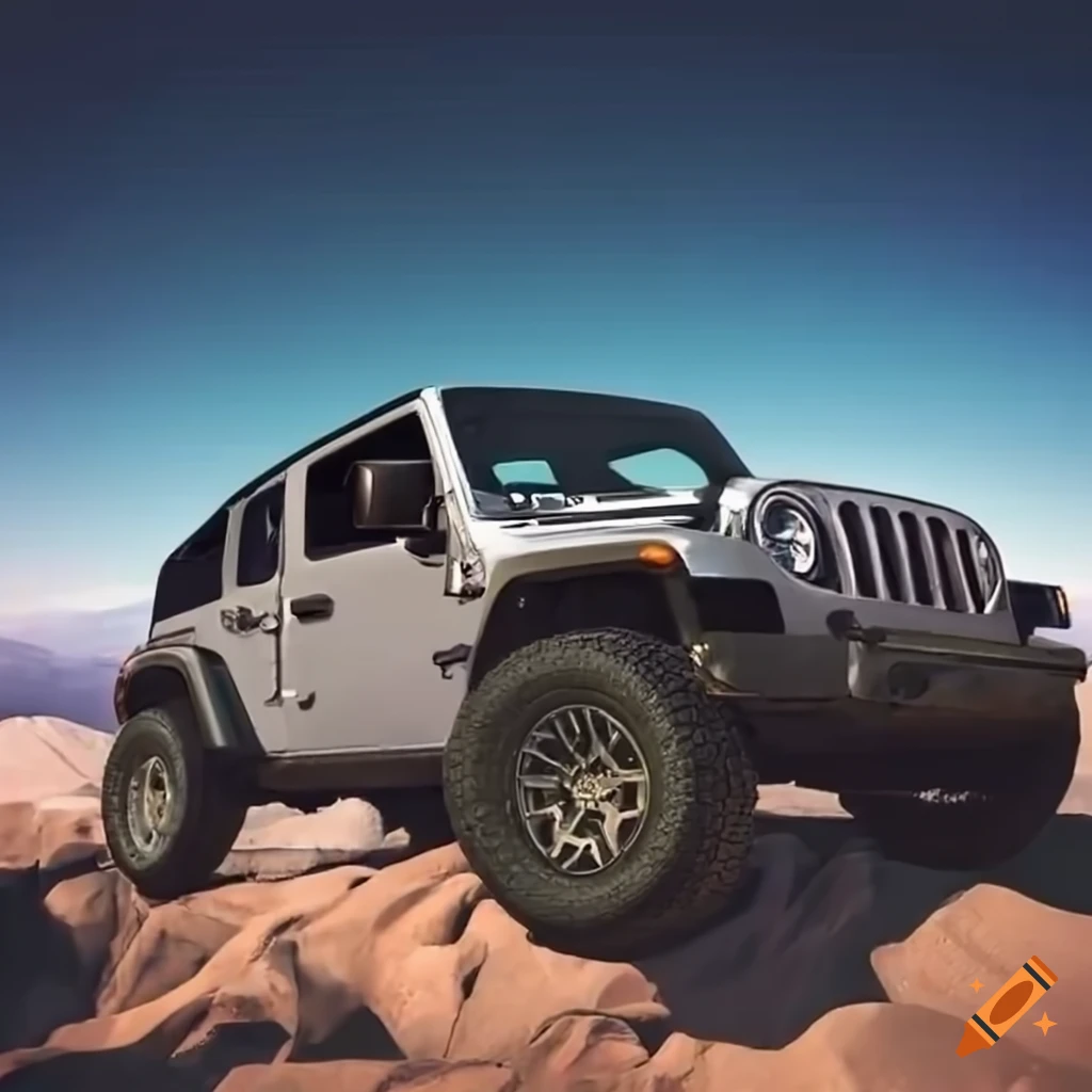 Front side view of jeep wrangler climbing rocks with compass in background