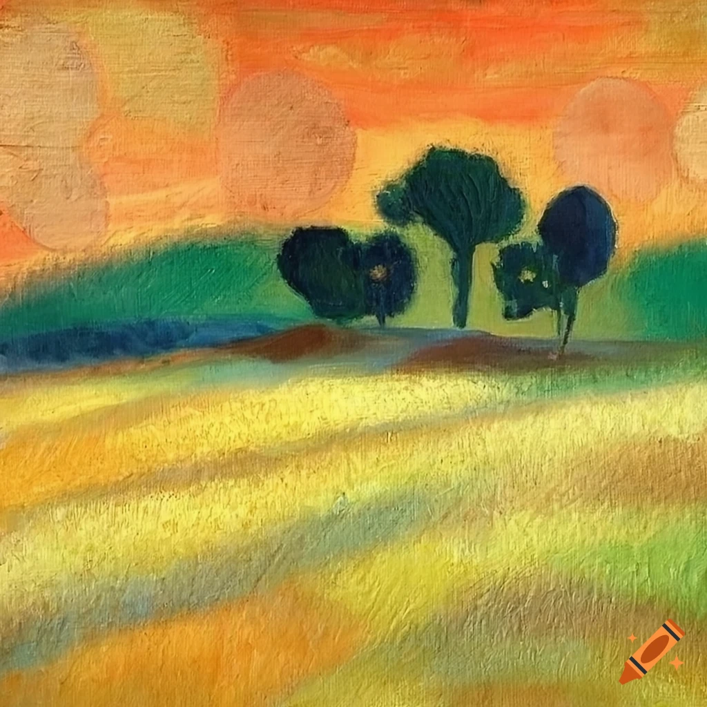 Painting of castilian landscape with holm oaks over wheat field in ...